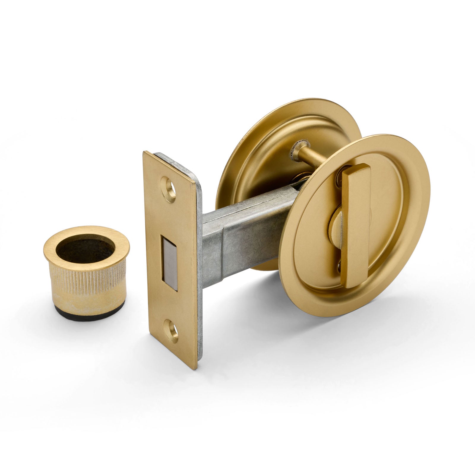 Satin Brass Round Sliding Cavity Privacy Lock | Manovella | Handles Plus